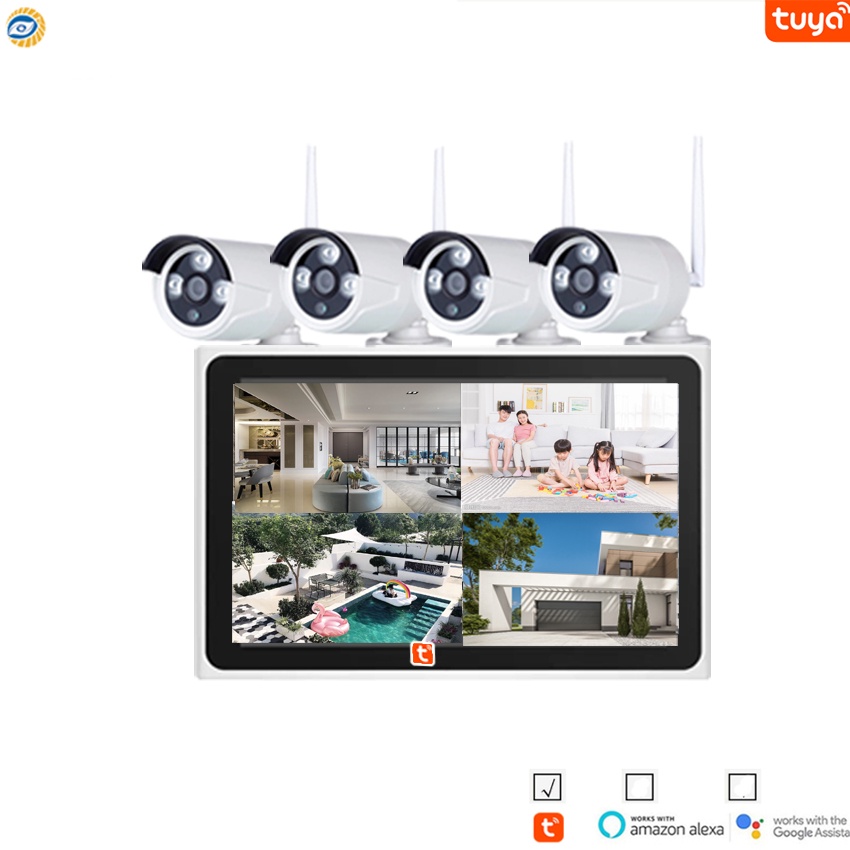 Tuya 4CH NVR ชุด 10.0 นิ้ว 2 ใน 1 LCD WiFi NVR 4pcs กล้อง IP WiFi ...