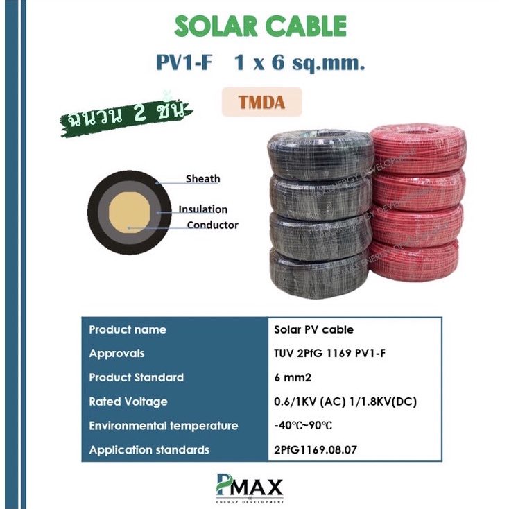 Solar Cable สายไฟโซล่าเซลล์ Solar cell PV 1-F 1x6 SQ.MM. ฉนวน 2 ชั้น ...