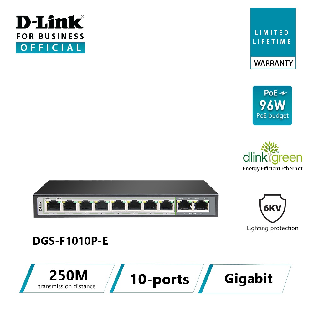 D-Link DGS-F1010P-E 250M 10-Port 10/100/1000 Switch with 8 PoE Ports ...