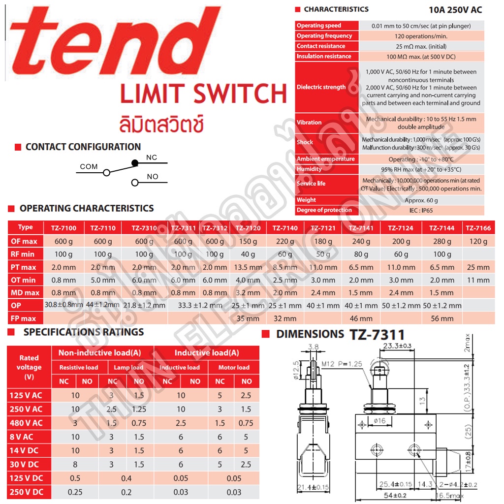 Tend Limit Switch รุ่น TZ7311 10A 250VAC หัวลูกล้อยื่นออกจากตัวสวิตซ์ ลิมิตสวิตซ์ TZ-7311 สวิตซ์ ...
