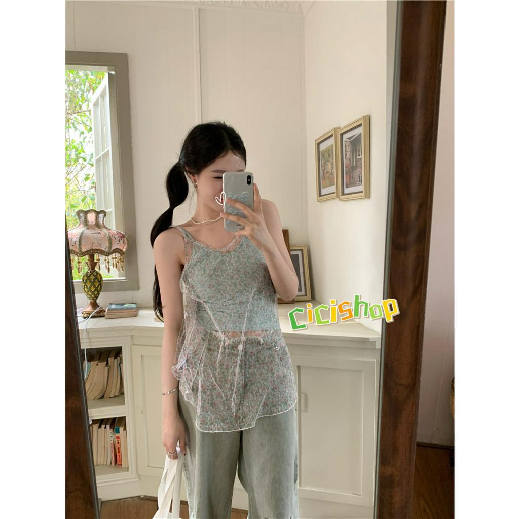 Cicishop(J571)เสื้อกล้าม สองชั้นสุดเก๋ ด้านนอกเป็นผ้าซีทรูลายดอกไม้ | Shopee Thailand
