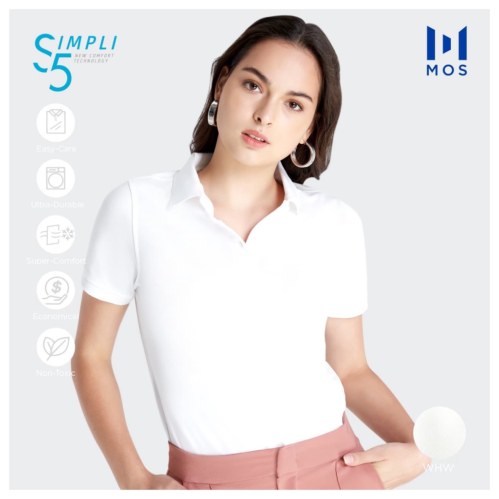 MOS เสื้อโปโลหญิง คอปกแขนสั้น รุ่น SIMPLI5 ผ้าประหยัดไฟเบอร์ 5 SPF-002 กรม ขาว ดำ ชมพู ม่วง ฟ้า ...