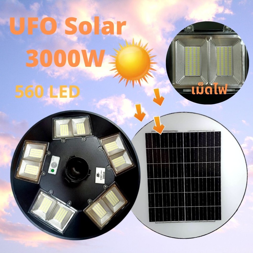 โคมไฟถนน โคมไฟ UFO 3000W ส่องสว่าง 5 ทิศทาง ใช้พลังงานแสงอาทิตย์โซล่าเซลล์ 100% แสงขาว 560LED ...