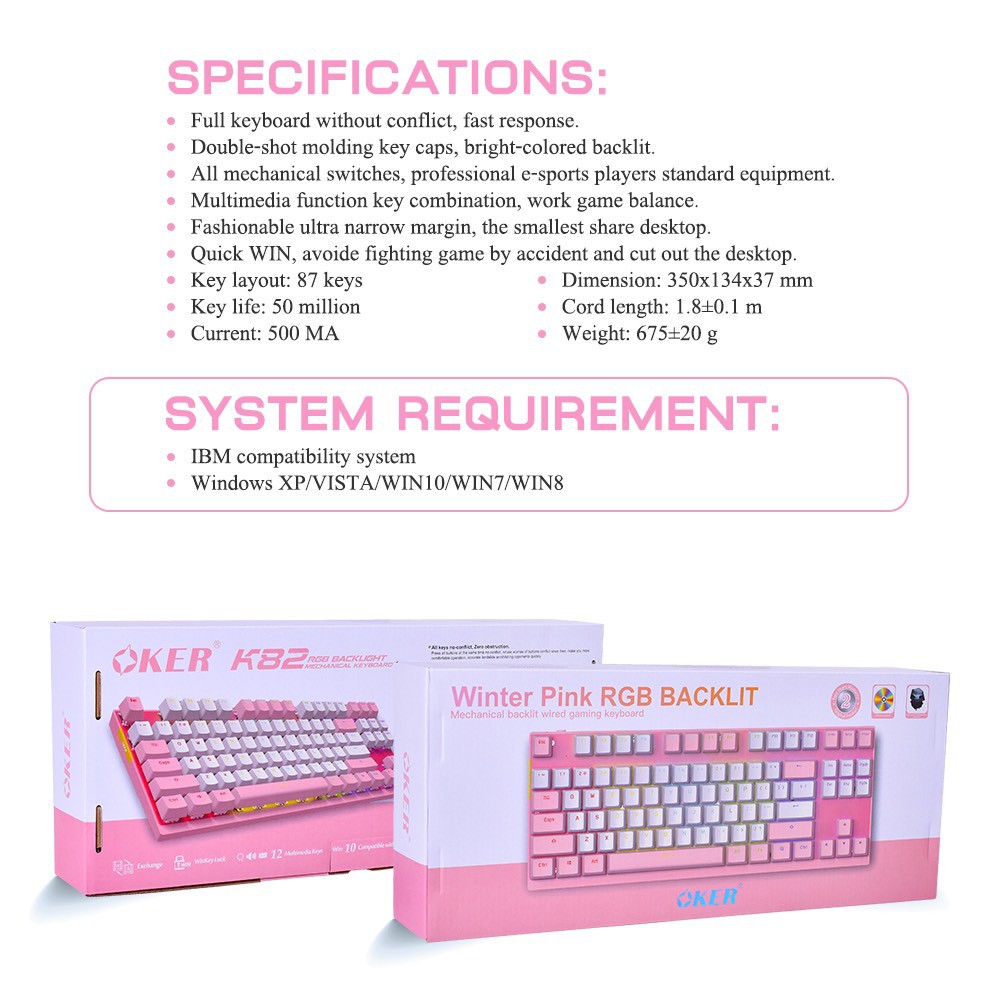 คีย์บอร์ดเกมมิ่ง OKER K82 Winter Pink TKL RGB Bule Switce & คีย์บอร์ดเกมส์มิ่ง OKER K83B PINK ...