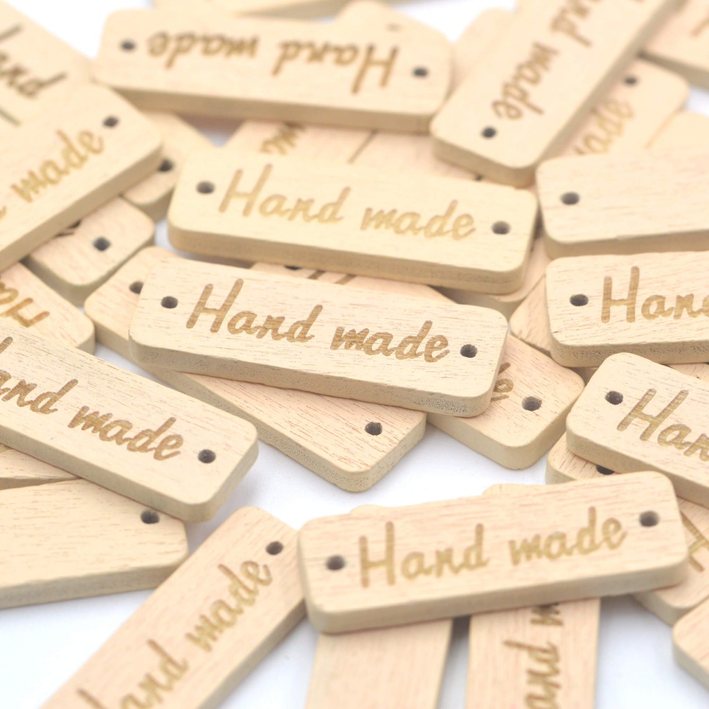 50pcs Natural Color "Hand made" Engraved Wooden Button Tags 2 Holes for ...