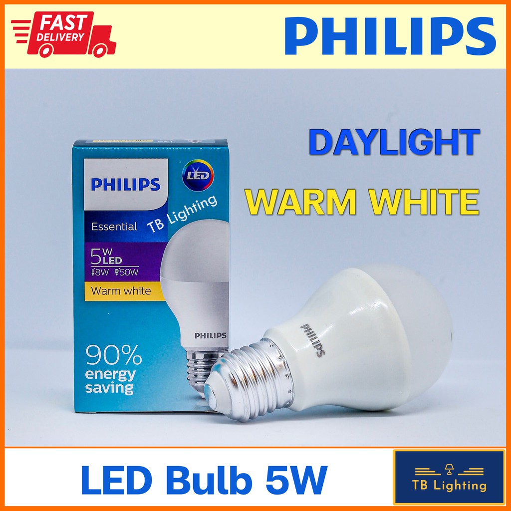 หลอด LED Bulb PHILIPS Essential 5w Day Light แสงสีขาว / Warm white แสง ...