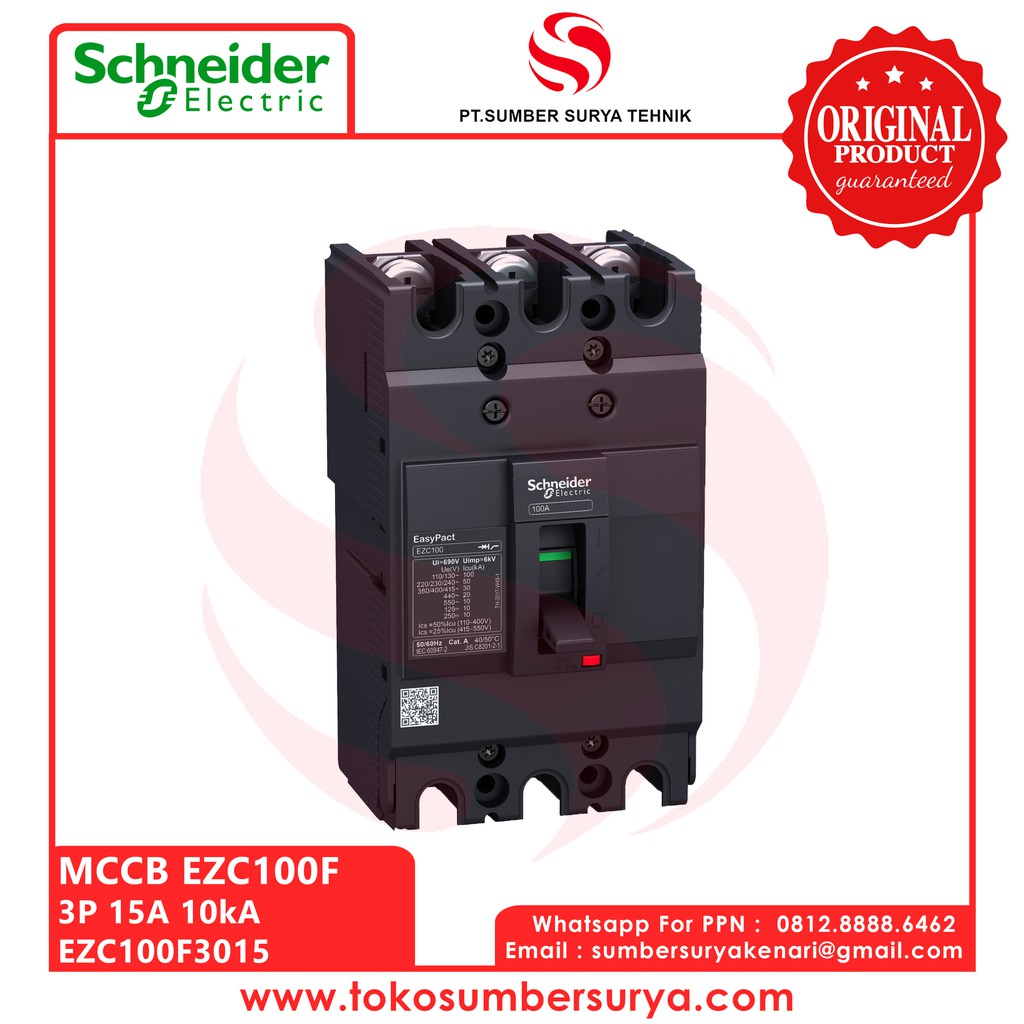 Mccb EZC100F 3P 15A 10kA ON OFF สวิตช์ไฟฟ้า EZC100F3015 SNI Original Ori EasyPact Schneider ...