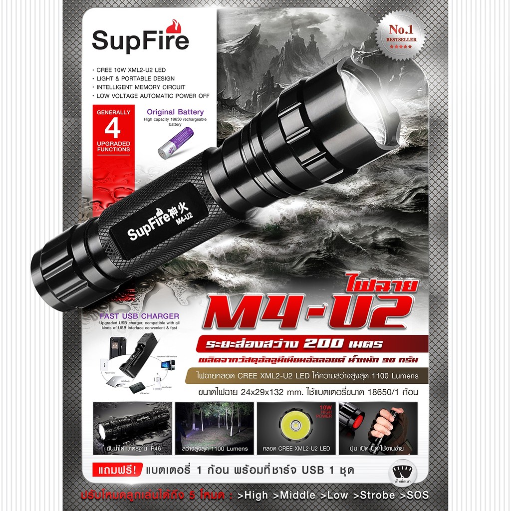 ไฟฉาย Supfire รุ่น M4-U2 แถมฟรี! แบตเตอรี่ 1 ก้อน พร้อมที่ชาร์จ USB 1 ชุด BY Tactical unit ...