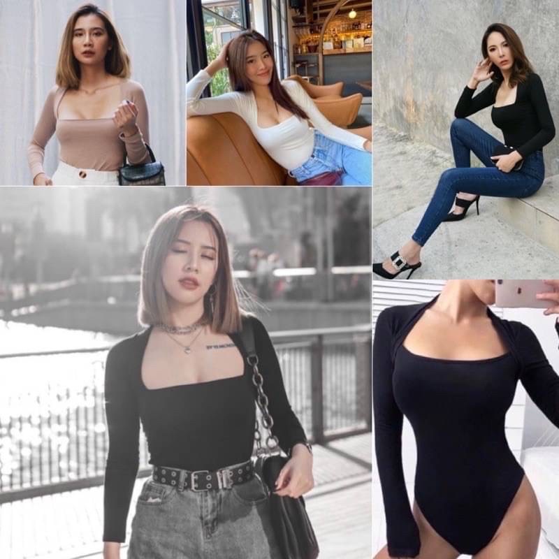 🌈MesubShop🌈 บอดี้สูท คอเหลี่ยม ‼️เป้าแกะได้ กระดุมแป๊ก‼️ แขนยาว แช่บๆ ♥️Bodysuit♥️ เสื้อคอ ...