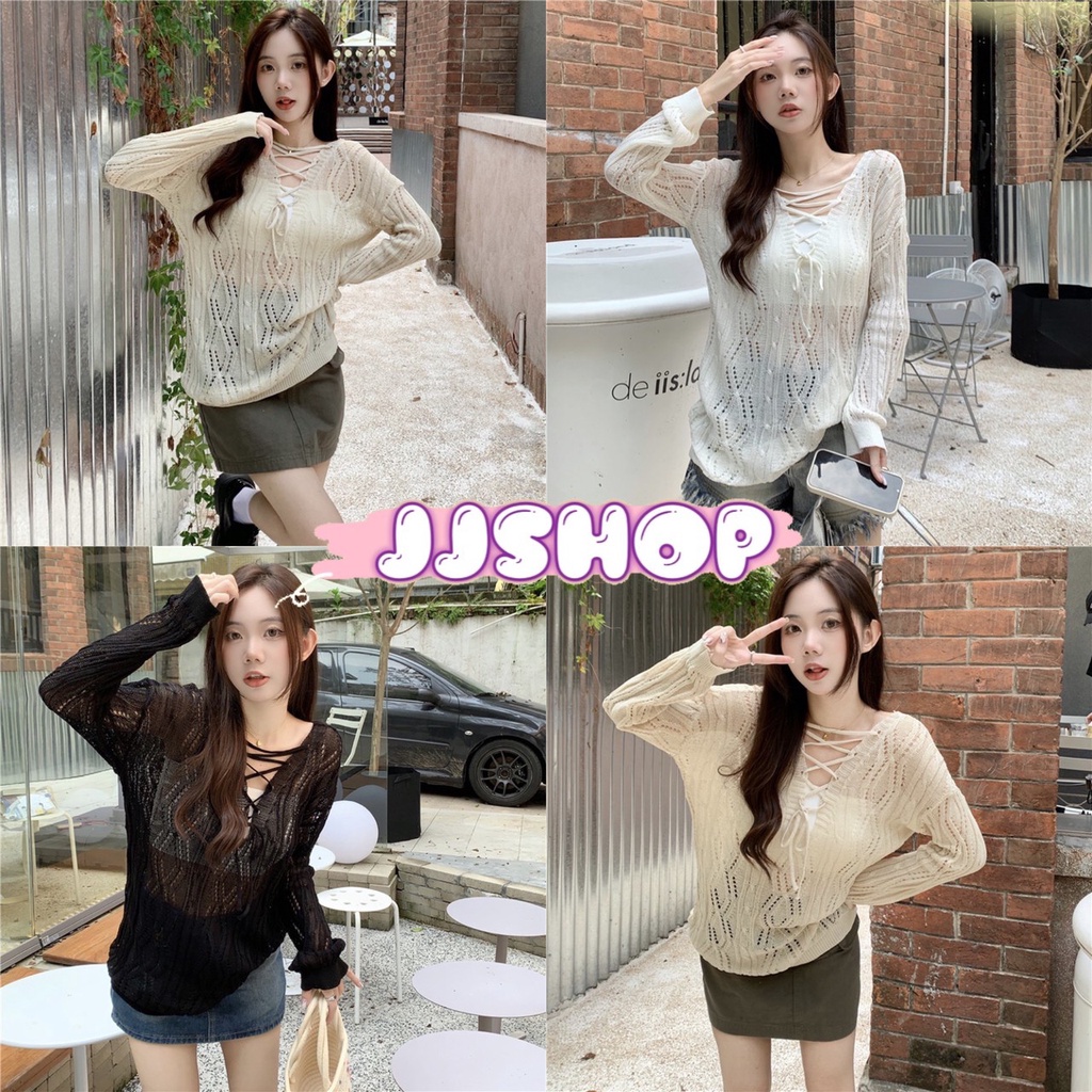 JJ shop 💜พร้อมส่ง เสื้อไหมพรมแบบถัก แขนยาวซีทรูมีเชือกผูกด้านหน้า "2119-1" | Shopee Thailand