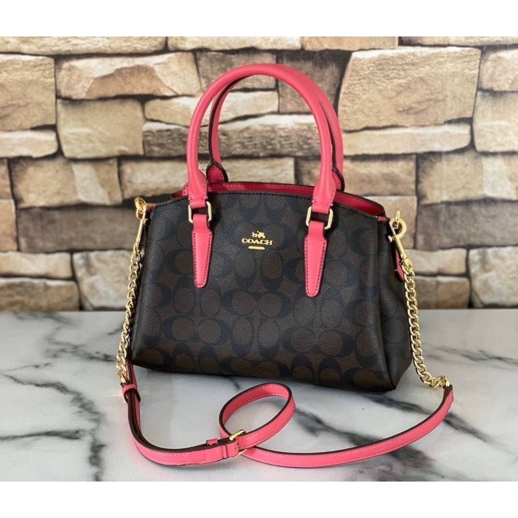 COACH ลาย C สีน้ำตาลโกโก้ สายชมพู (F29434) ถังเล็ก | Shopee Thailand