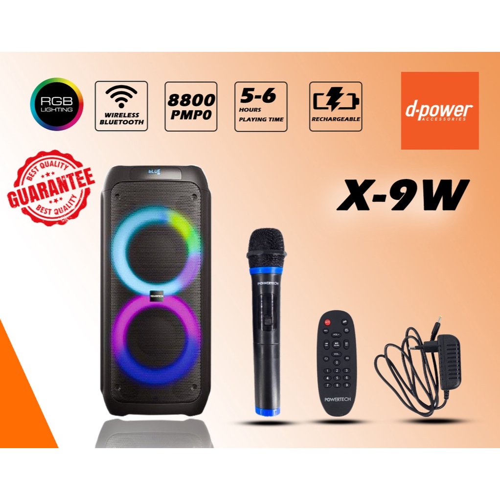 ลำโพง D-Power รุ่น X9W ลำโพงบูลทูธ ลำโพง Bluetooth 5.0 TWS ไมค์ลอย 1ตัว/ แบตเตอรี่ ในชุด ตู้ ...