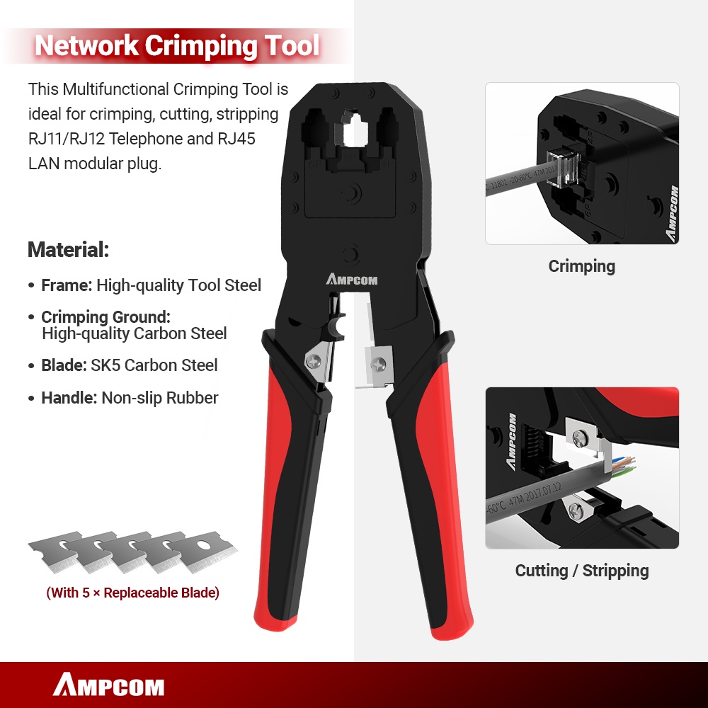 AMPCOM เซ็ตเครื่องมือ RJ45 Crimper Lan Tester Tool Set Ethernet Cable ...