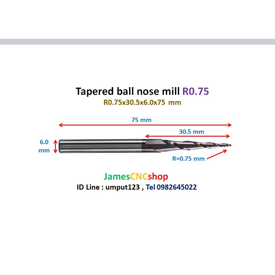 R0.75x30.5xD6x75 mm Tapered ball nose end mill TiAlN Carbide coat ...