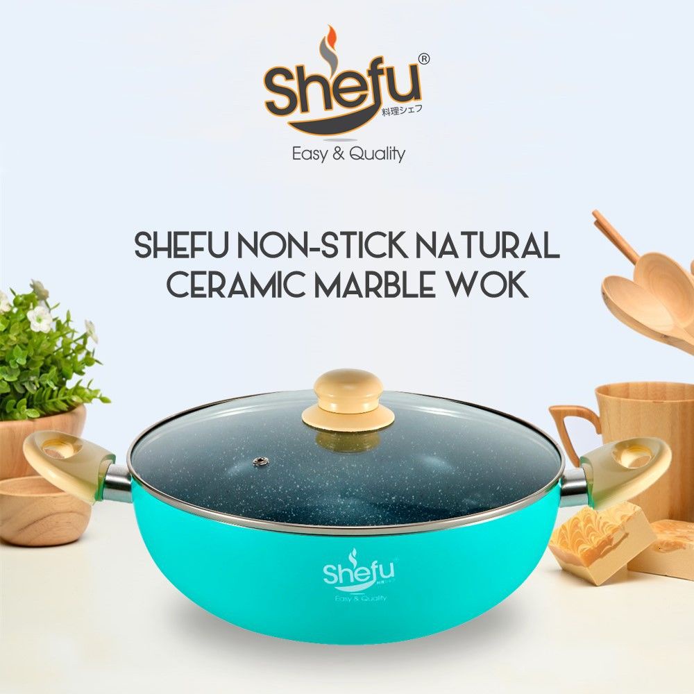 ข้อเสนอพิเศษ Shefu 28cm Ceramic Marble Coating Double Handle Wok with ...
