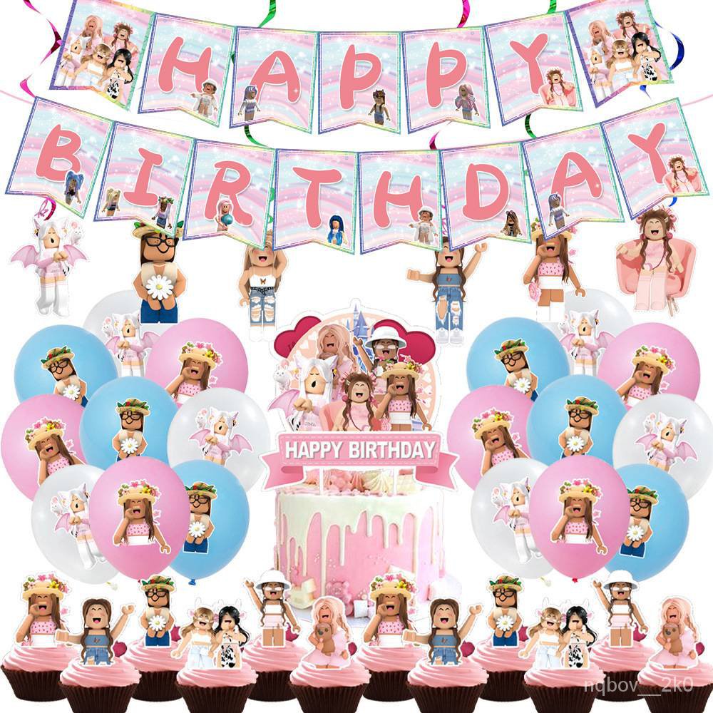 Pink ROBLOX Girl Cartoon Theme Birthday Party Decor Set Cake Topper ...