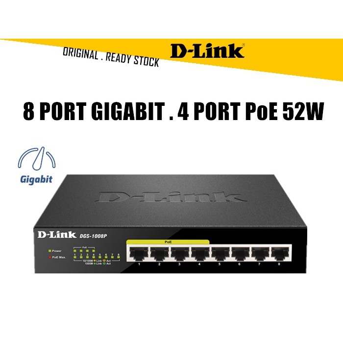 D-LINK (DGS-1008P) Gigabit Switching Hub 8 Port (4-Port PoE) (6 ...