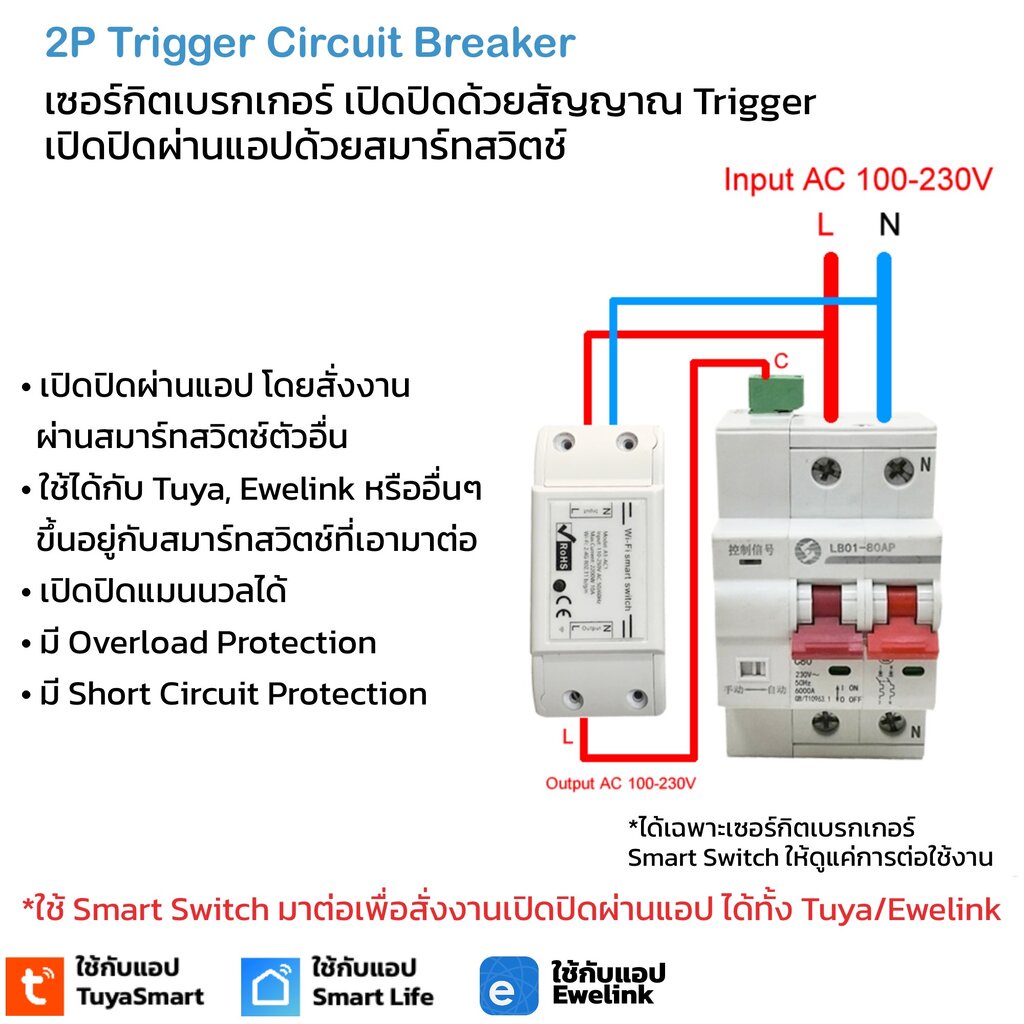 2P Trigger Circuit Breaker (80A) เซอร์กิตเบรกเกอร์สั่งเปิดปิด ตั้งเวลา ...