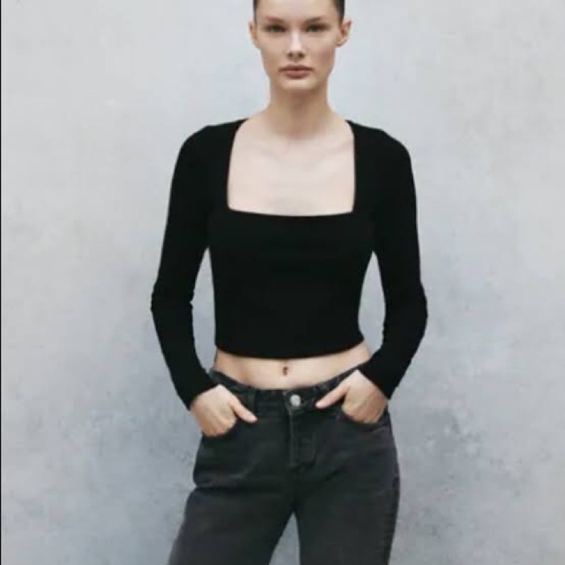 [NEW] ZARA Square Neckline T-Shirt TRF - Black (Size S) เสื้อคอเหลี่ยม ...