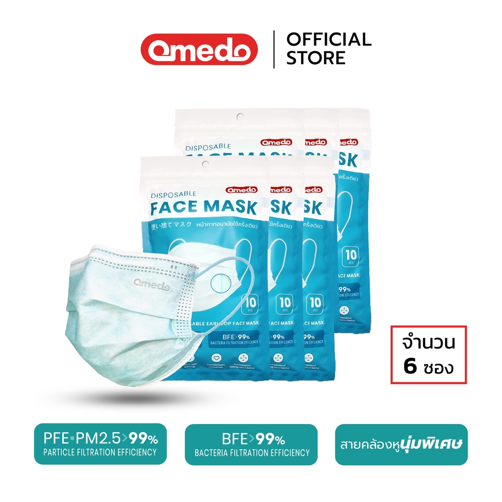 [Official Store] Omedo Mask หน้ากากอนามัย สายคล้องหูนุ่มพิเศษ 3 ชั้น ซองซิปล็อค 10 ชิ้น (x 6 ซอง ...