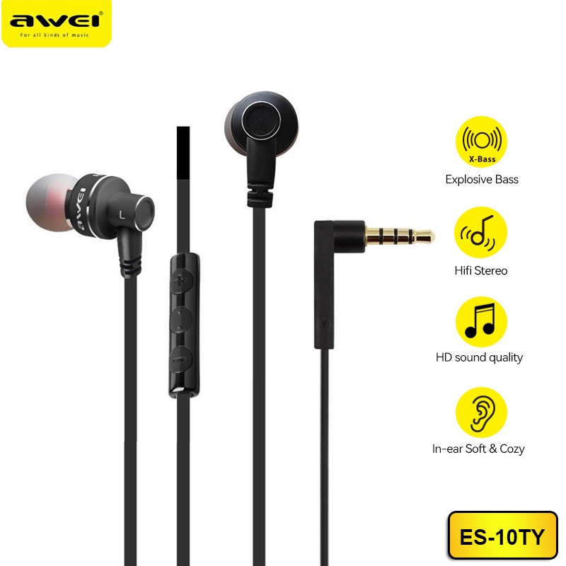 Awei ES-10TY ชุดหูฟังสเตอริโอพร้อมไมโครโฟนสําหรับ iphone samsung | Shopee Thailand