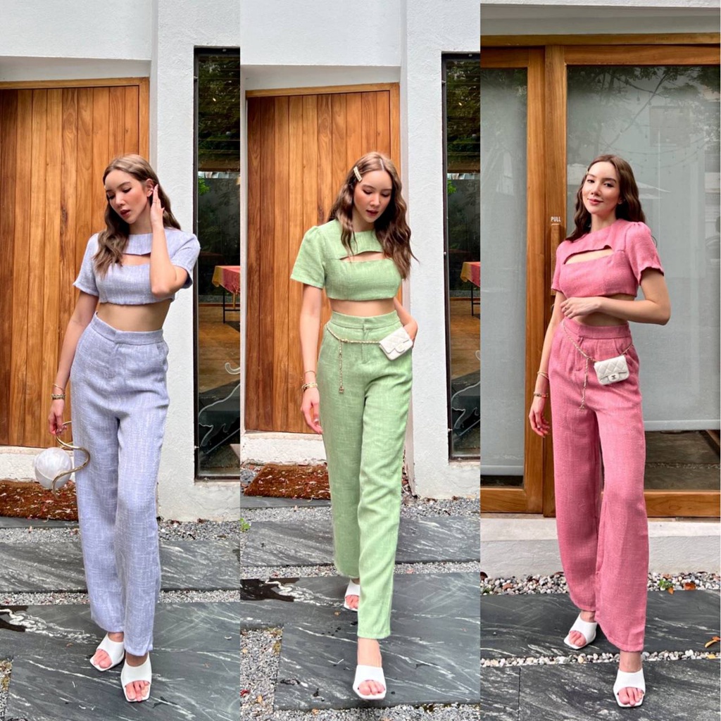 Sarah tweed glam เซ็ตเสื้อครอปกับกางเกงขายาวผ้าทวีต | Shopee Thailand