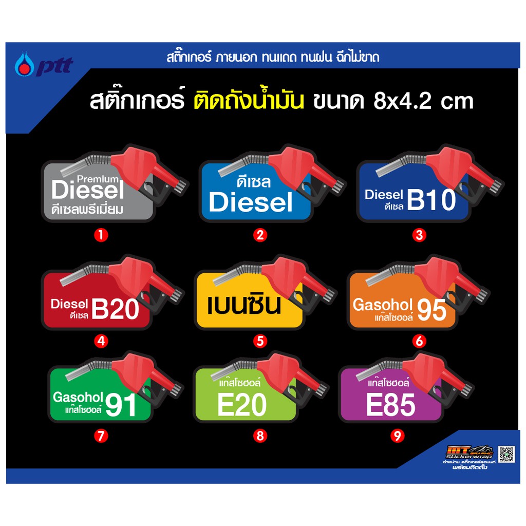 สติ๊กเกอร์ฝาถังน้ำมันขนาด 8x4.2cm ชนิดน้ำมันต่างๆ กันน้้ำ กันแดด สีสดทนนาน E85 E20 ดีเซล B7 B20 ...