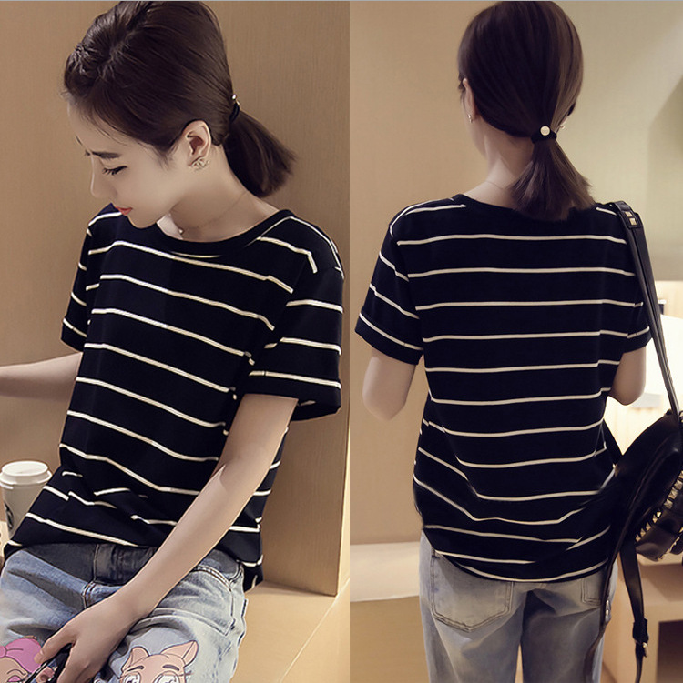【WANG JIAO ZHAN】เสื้อยืดแขนสั้นคอกลมลายทางขนาดใหญ่ของผู้หญิงเกาหลี ...
