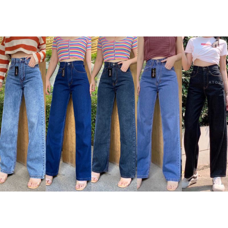 Atom jeans กางเกงยีนส์เอวสูงขากระบอกราคาถูก กางเกงยีนส์ผู้หญิง ผ้าไม่ ...