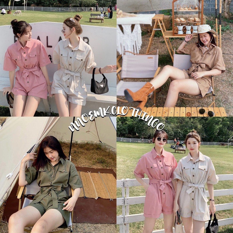 JJ11-จั้มสูทสายแคมปิ้ง ผ้าคัตตอนผสมลินิน กระดุมหน้าแกะได้จ้า สวยเท่ห์ | Shopee Thailand