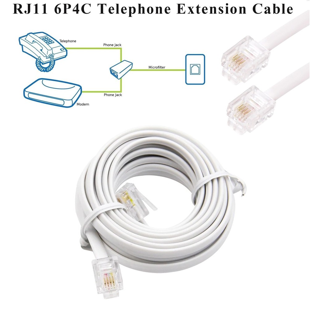 สายโทรศัพท์ 4 Core แบบแบน สีขาว พร้อมหัว RJ11 แบบ 6P4C 2/5/10/15/20m ...