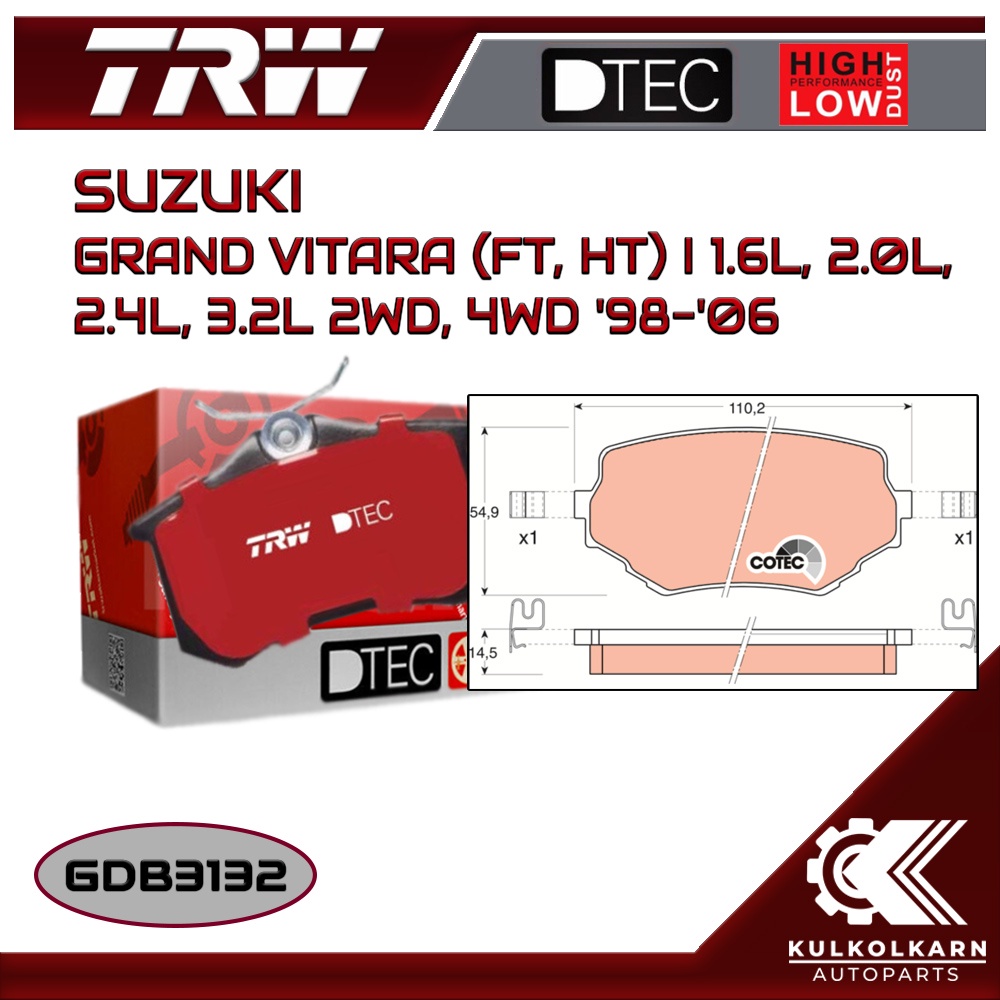 ผ้าเบรคหน้า TRW สำหรับ SUZUKI GRAND VITARA (FT, HT) I 1.6L, 2.0L, 2.4L ...