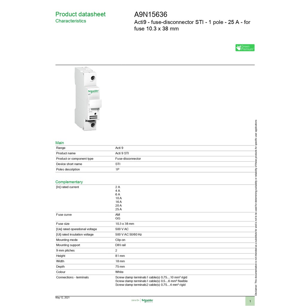 Schneider Electric - Acti9 - fuse-disconnector STI - 1 pole - (ฟิวส์สวิตช์)_A9N15636 ที่ร้าน ...