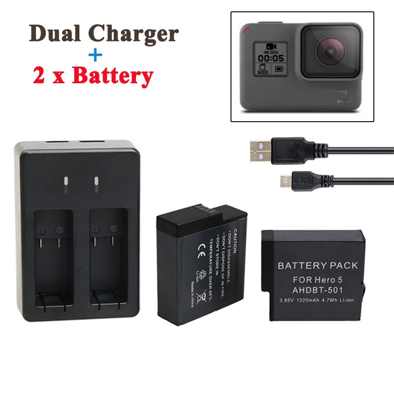 For GoPro Hero 5 6 7 8 Battery 2PCS 1220mAh GoPro 5 Battery +Dual ...