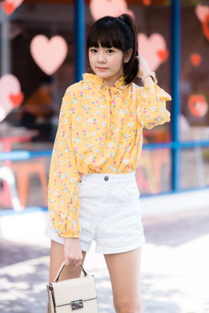 Meenar Top สีเหลือง เสื้อทรงคอระบายๆ | Shopee Thailand