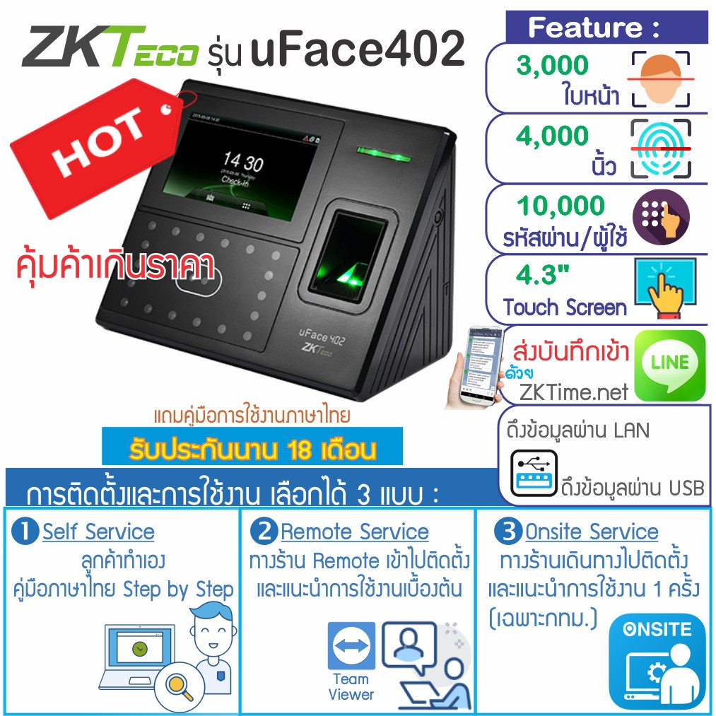 ZKTeoc uFace 402 เครื่องสแกนใบหน้าและลายนิ้วมือ เพื่อบันทึกเวลาทำงานและ ...