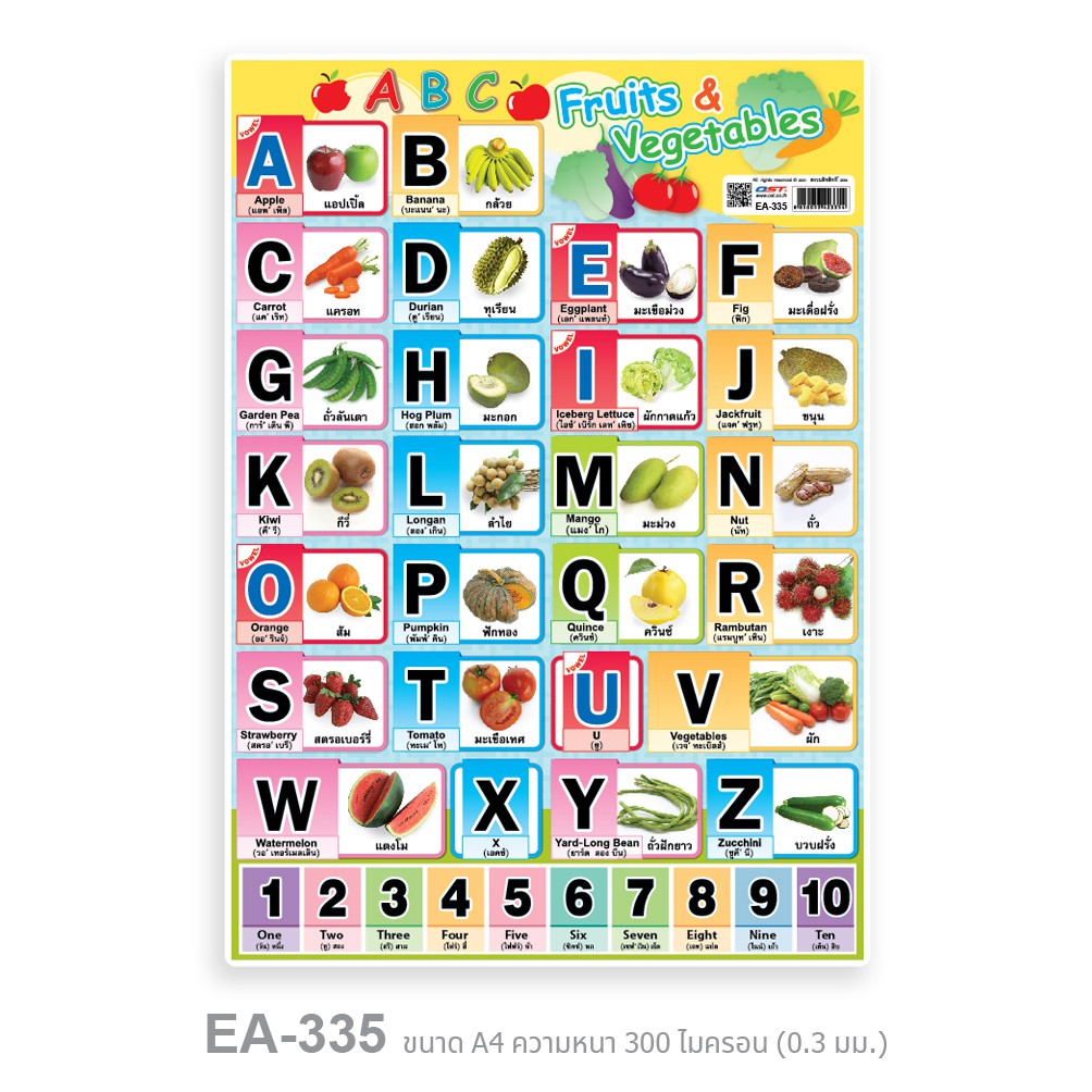 สื่อการเรียนรู้ แบบฝึกอ่าน ABC Fruits & Vegetables พลาสติก PP ขนาด A4 # ...