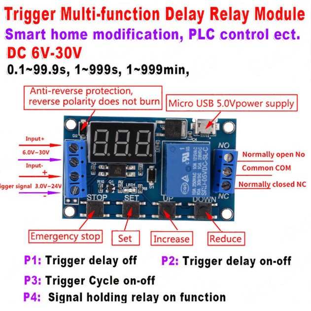 A022 Switch Trigger Relay Module 6-30V Time Delay Board โมดูลตั้งเวลา 6-30V Micro USB 5V ...