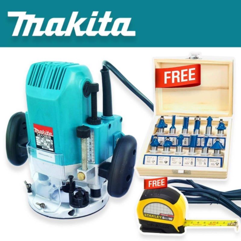 ชุดเราเตอร์ makita รุ่น 3612BR แถมดอก 12 ดอก + ตลับเมตร Stanleyทนทาน ...