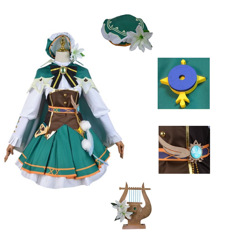 Genshin Impact girl Venti Cosplay Full Set Costume Party Dress Wig Adult Women Halloween ...