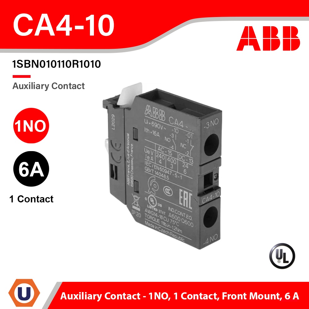 ABB : Auxiliary Contact - 1NO, 1 Contact, Front Mount, 6A รหัส CA4-10 : 1SBN010110R1010 สั่งซื้อ ...