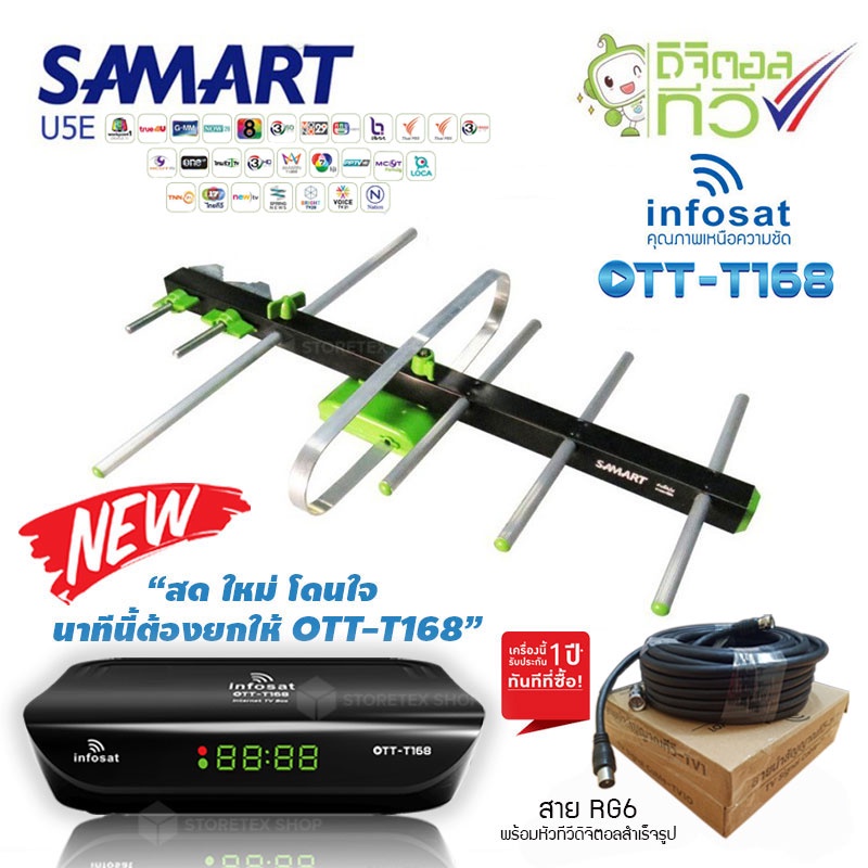 กล่องดิจิตอลทีวี Infosat รุ่น OTT-T168+SAMART รุ่น U5E เสาอากาศ Digital TV ภายนอกอาคาร +สาย RG6 ...