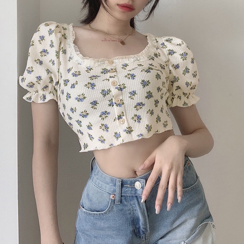 【WANG JIAO ZHAN】 เสื้อยืดแขนสั้นพัฟลายดอกไม้สดขนาดเล็ก【37】 | Shopee ...