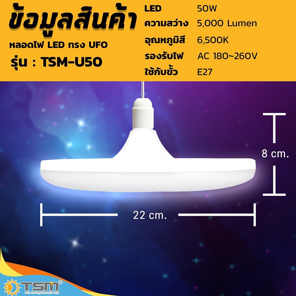 โคมไฟทรงจานบิน หลอดไฟ LED UFO 40 วัตต์ เเละ 50 วัตต์ ขั้วหลอด E27 แสง Daylight ประหยัดพลังงาน ทน ...
