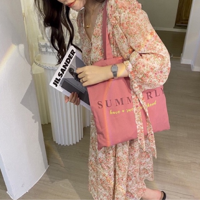 กระเป๋าผ้า สไตล์เกาหลีสีชมพูพาสเทล SUMMERLY พร้อมส่ง | Shopee Thailand