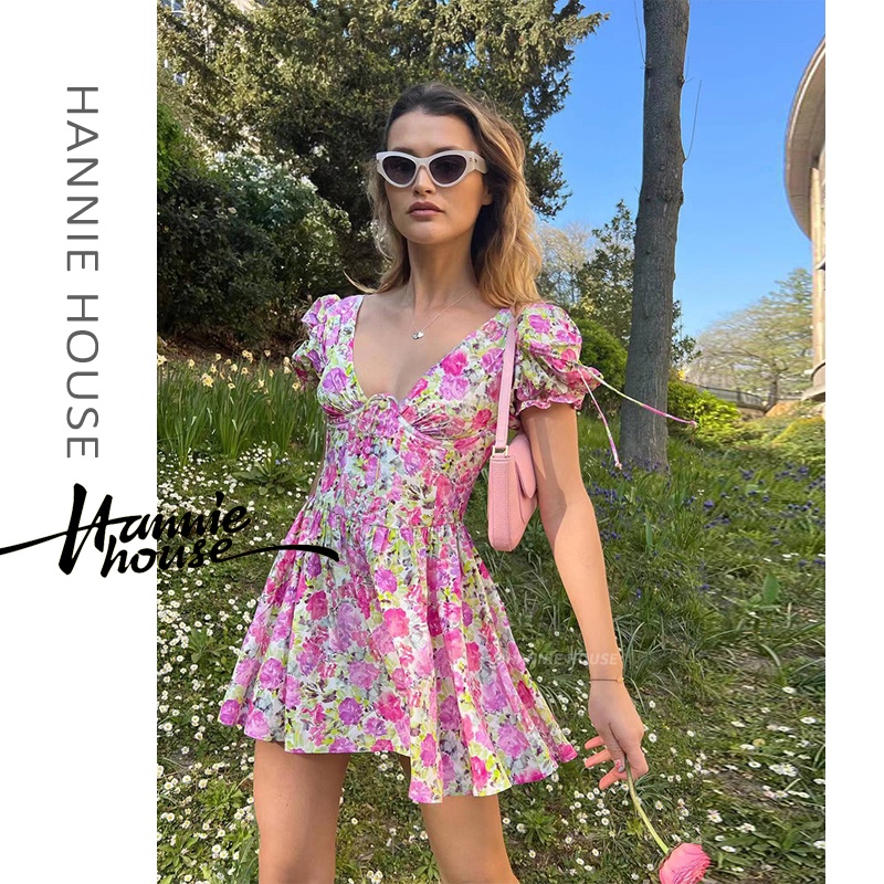 Hannie- ชุดเดรส ทรงเอ คอวี เอวสูง พิมพ์ลายดอกไม้ แฟชั่นสําหรับผู้หญิง ...