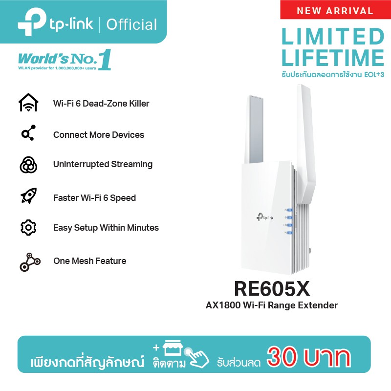 TP-Link RE605X AX1800 Wi-Fi Range Extender ตัวขยายสัญญาณไวไฟ แรงเต็มสปีด กับเทคโนโลยี WiFi6 ...