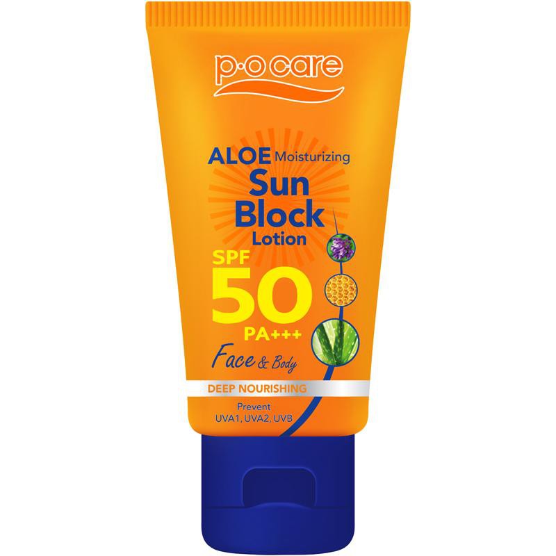 PO Care ALOE Moisturizing SUN Block Lotion SPF50 PA+++ Face & Body 45ml. พีโอ แคร์ อโล ครีมกัน ...