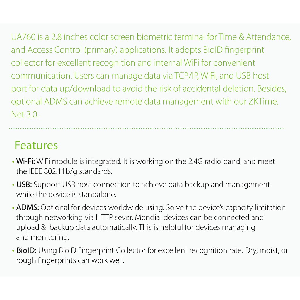 ZKTeco UA860-WiFi สแกนลายนิ้วมือ แทนการตอกบัตรบันทึกเวลาทำงาน ต่อชุด ...