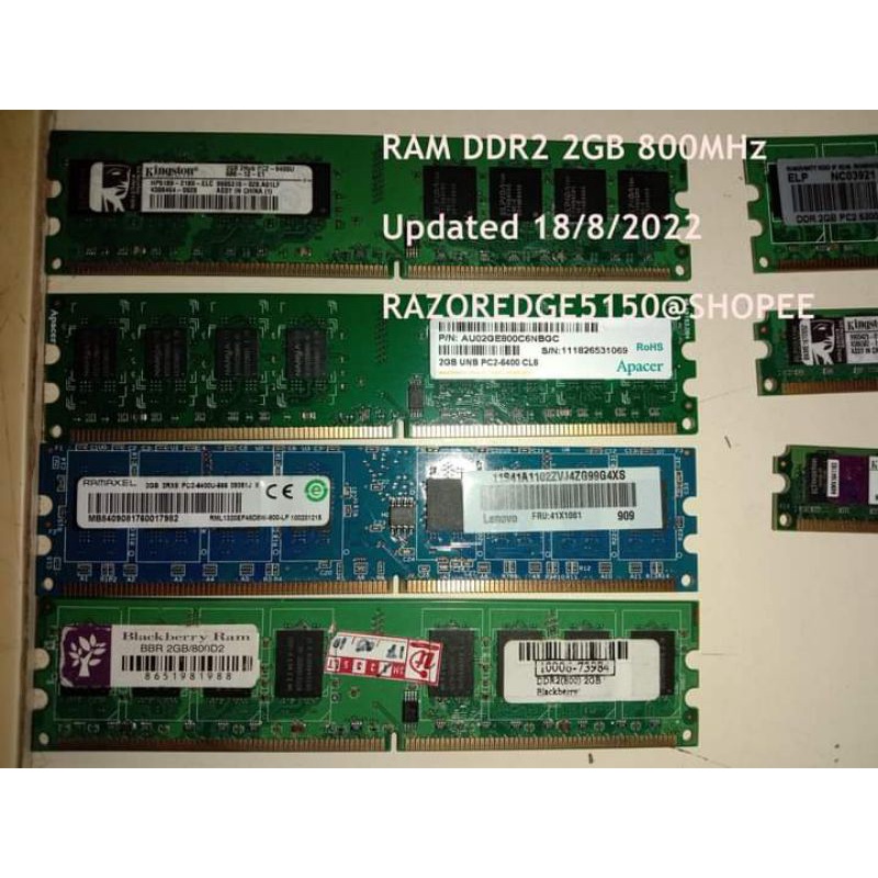 (มือสอง) RAM DDR2 2GB Bus667/800 คละรุ่น ไม่เกี่ยงซีพียู เทสก่อนส่งทุก ...